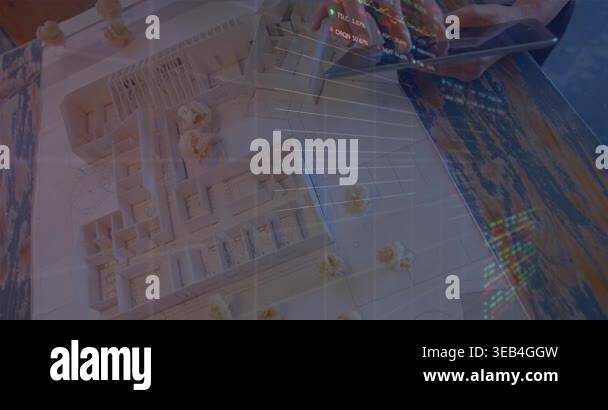 Animation of financial data processing over architect working. Global ...