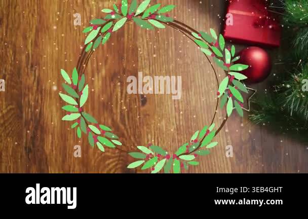 Animation of joyeux noel text over christmas decorations on wooden ...