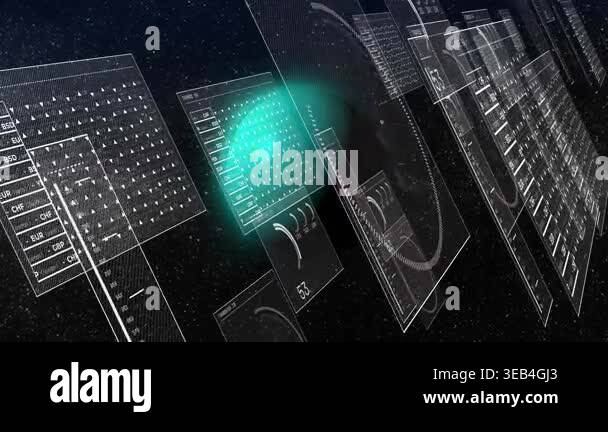 Digital data panels and world map animation over dark starry background ...