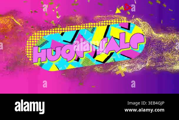 Animation of huge sale text over vintage speech banner and neon shapes ...
