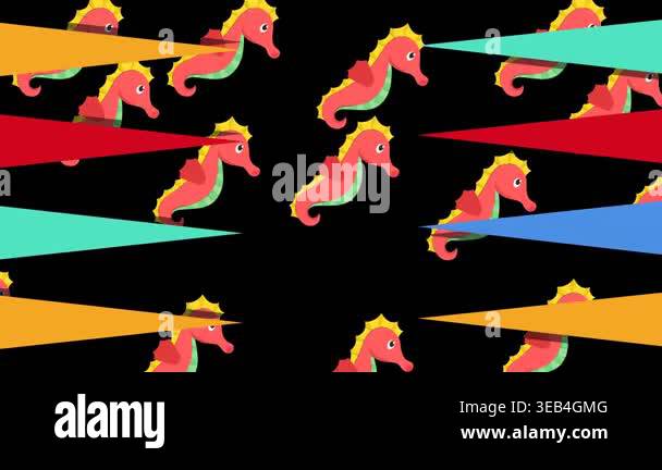 Animation of colorful triangles and seahorses moving on black ...