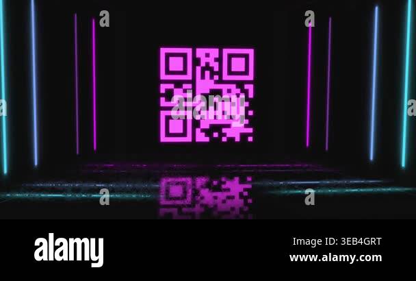 Animation of neon qr code with lines over black background. global ...