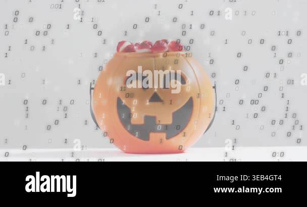 Binary bits drifting over orange pumpkin candy bucket intensifying ...