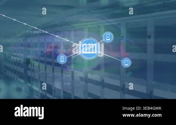 Animation of network of digital icons and data processing against ...