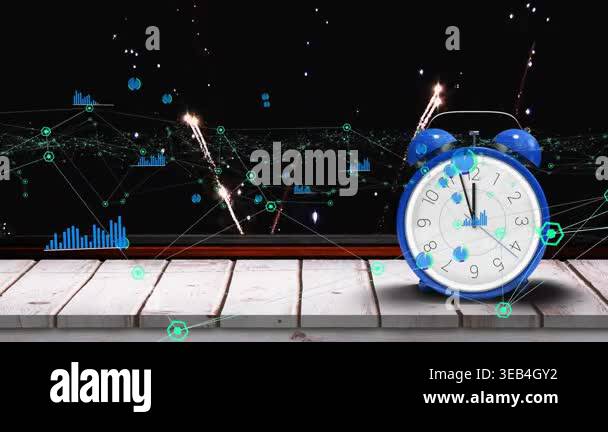 Animation of data processing over clock. Time, calendar and digital ...