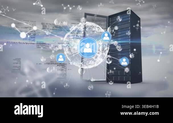 Animation of network of profile icons and spinning globe over computer ...