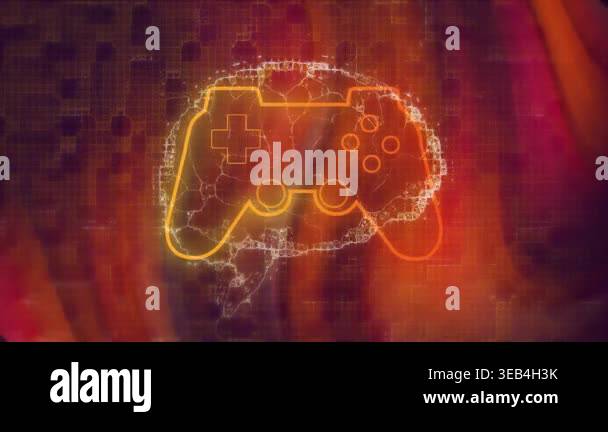 Animation of glowing game controller outline over abstract digital ...