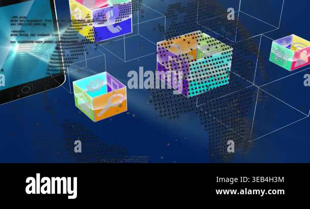 Animation of globe with network of connections and digital icons ...