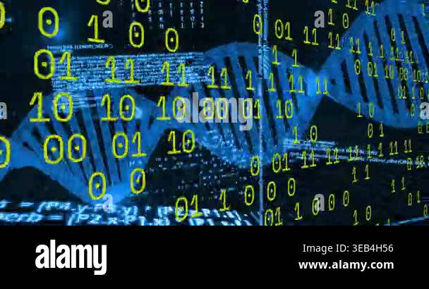 Camera pan starting blue DNA helix rotating to center while binary ...