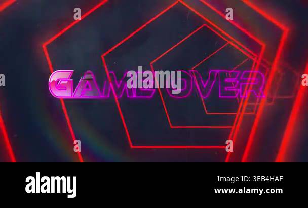 Animation of game over text over neon shapes on black background. Retro ...