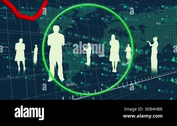 Animation of statistics and green line financial data processing over ...