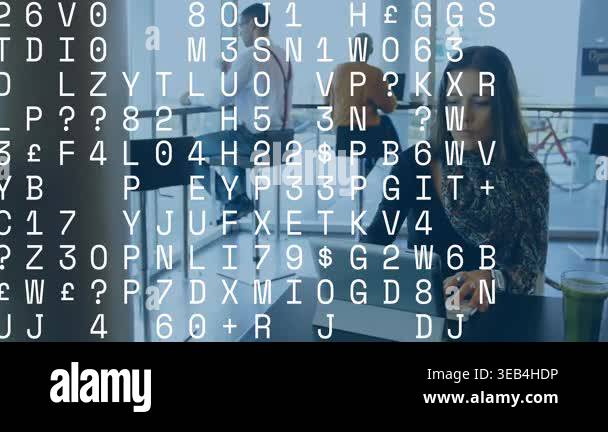 Animation of numbers, letters, financial data processing over business ...
