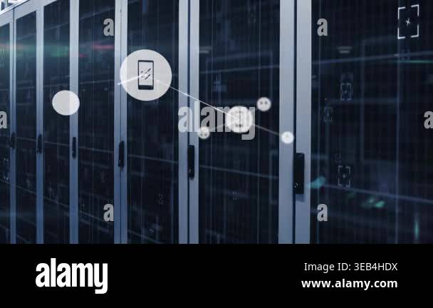 Animation of network of connections with icons over computer servers ...