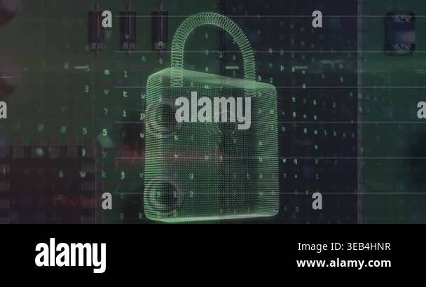 Animation of security padlock and data processing over black background ...
