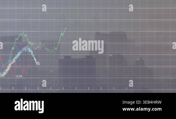 Grid fading in, chart overlay animating colored lines and white bars ...