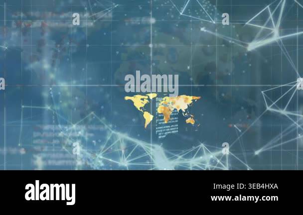 Animation of world map over data processing and network of connections ...