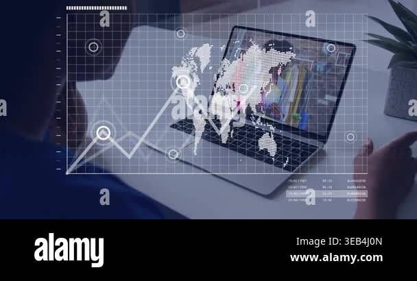 Woman using laptop, overlay appearing, chart animating across world map ...