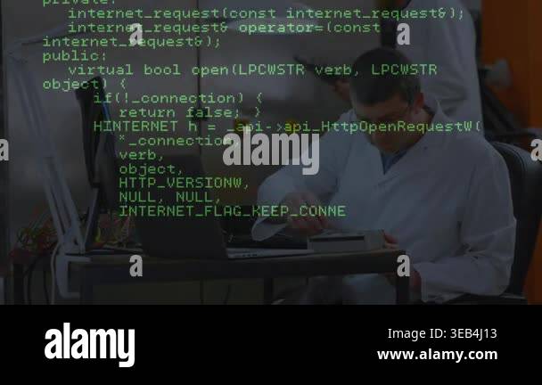 Animation of data processing over caucasian male engineers working with ...