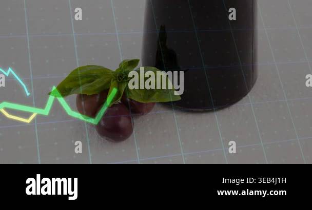 On data pulse faint line graphs moving across basil topped purple ...