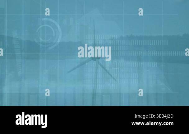 Animation of financial data processing over wind turbine. Global wind ...