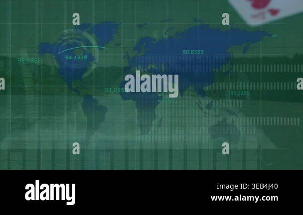 Animation of data processing and world map over card. Gambling, casino ...