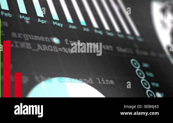 Animation of financial graphs and diverse data on black background ...