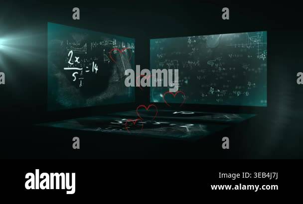 Multiple heart icons floating over multiple screens with data ...