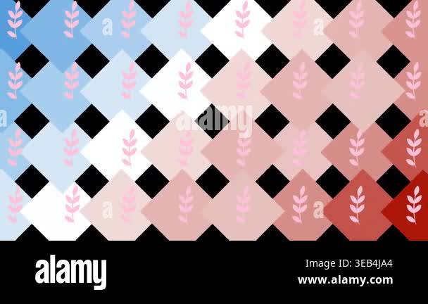Animation of pink leaves and squares moving on black background. Colour ...