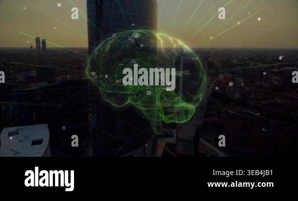 Sunset activating neon brain hologram appearing glowing rotating ...