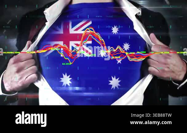 Animation of financial graph over midsection of caucasian man with flag ...