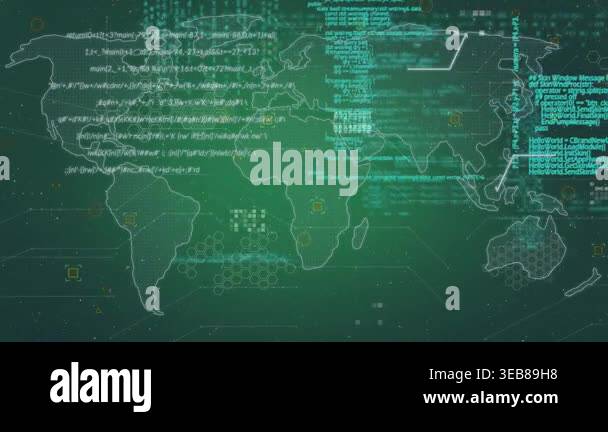 Animation of data processing over world map. Global connections digital ...