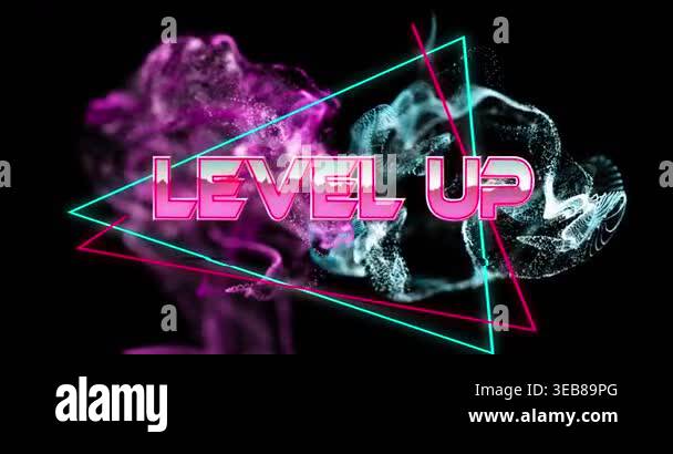 Animation of level up text banner over purple and blue digital waves ...
