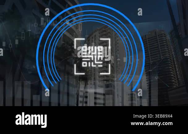 Animation of financial data and qr code over modern buildings. Economy ...
