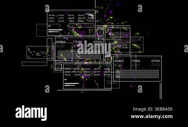 On start wireframe windows clustering and shifting while neon particles ...