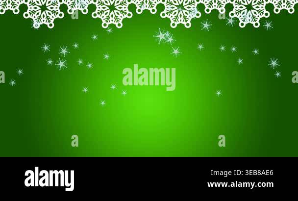 Snowflakes icons and shining stars falling against copy space on green ...