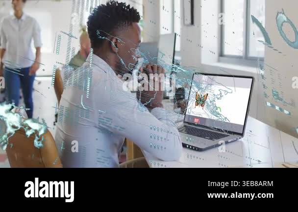 Worker sitting viewing laptop NFT while map and rising graph aligning ...