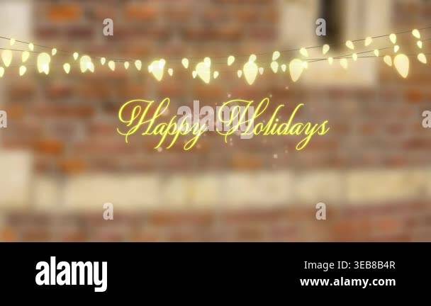 Animation of happy holidays text banner and hanging fairy lights ...