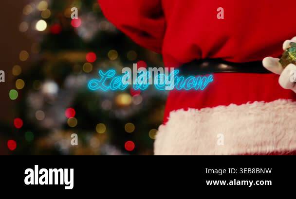Animation of neon blue let it snow text banner over santa claus ...