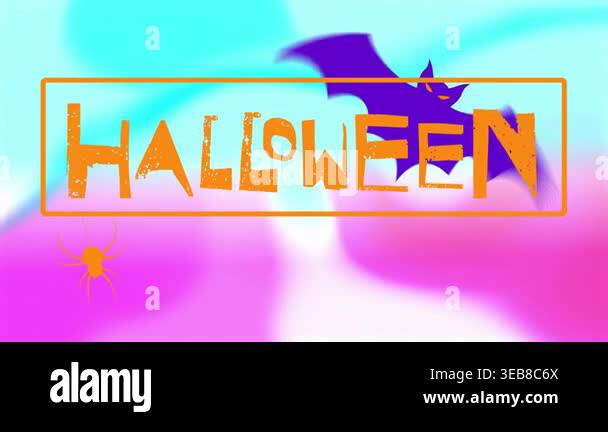 Animation of Halloween-themed text with bat and spider on colorful ...