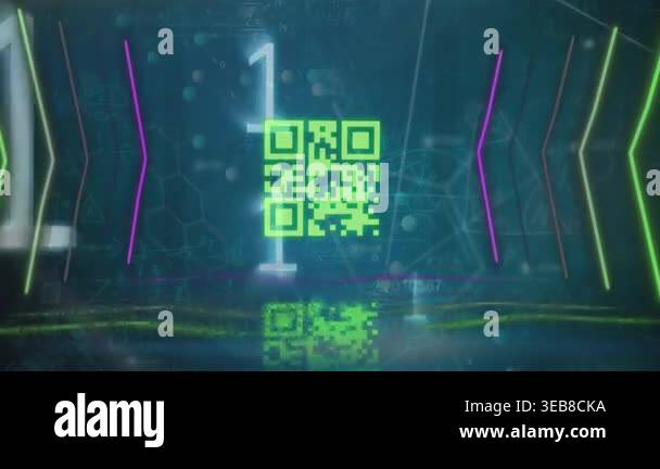 Animation of neon qr code scanner and binary coding over dna structure ...