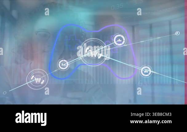 Animation of network of digital icons and video game controller icon ...