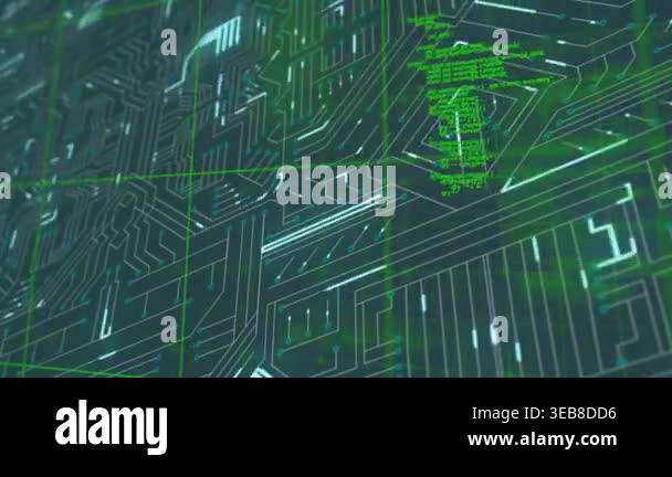 Animation of data processing over computer circuit board on black ...