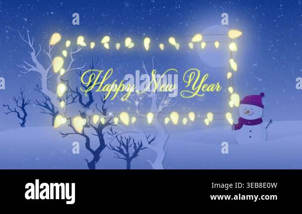 Animation of happy new year text with fairy lights over snow falling ...