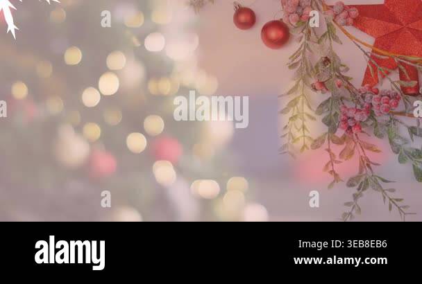 Animation of christmas greetings text over christmas tree and ...