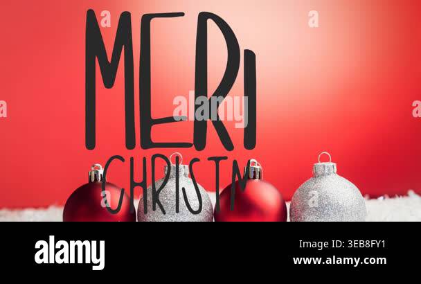 Animation of merry christmas text banner over baubles against pink ...