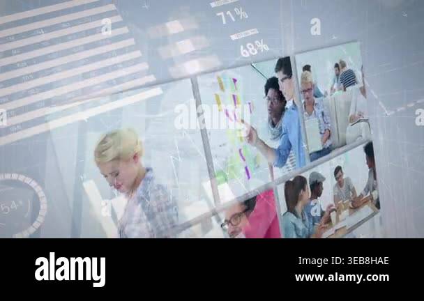 Animation of data processing over diverse business people in office ...