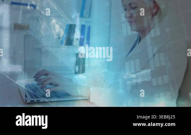 Animation of data processing and binary code over caucasian female ...