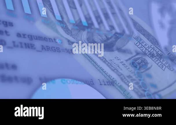 Starting blurred blue code, US bills drifting and stacking while bars ...