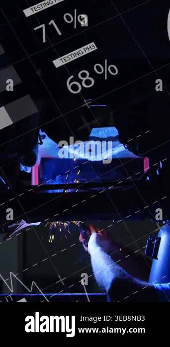 Vertical video: Welder bringing torch, igniting arc, HUD overlaying ...