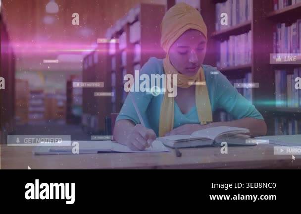 Female student studying at library, magenta streak appearing and ...